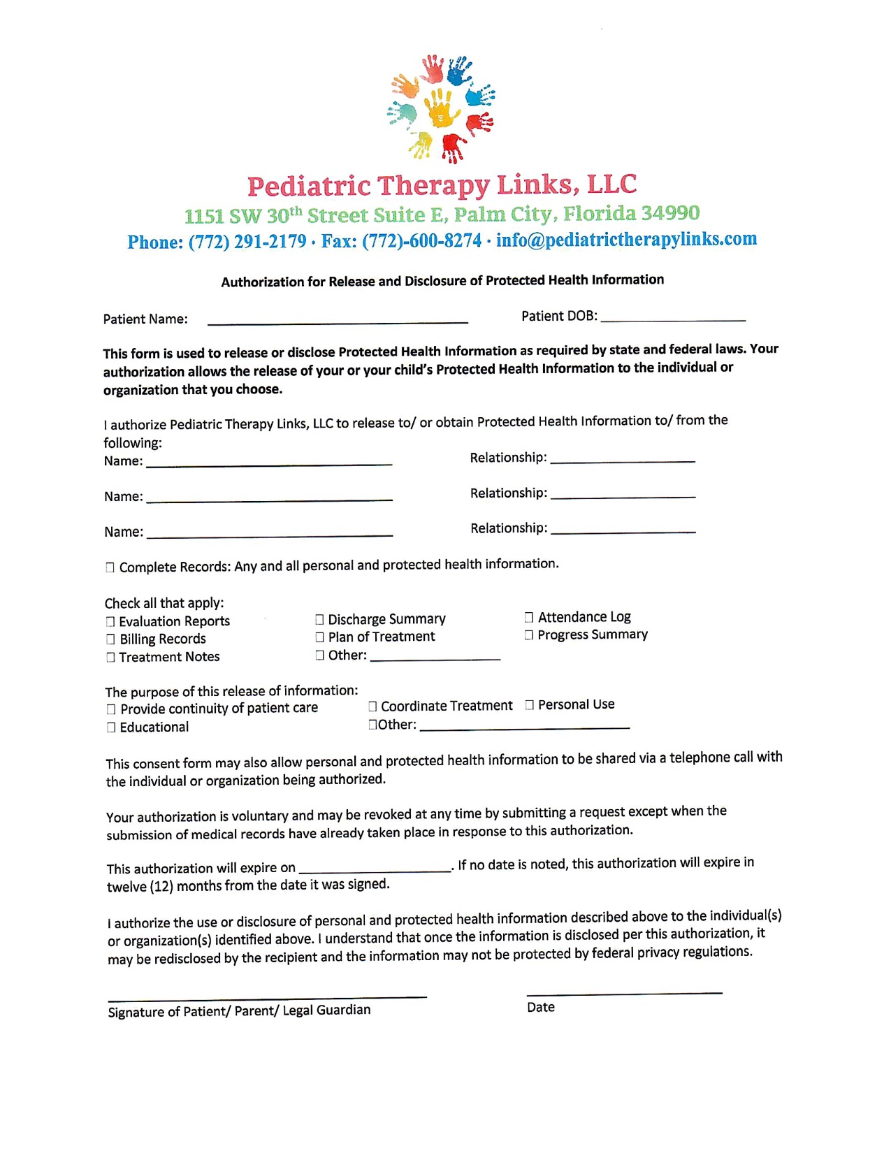 Client Forms | Pediatric Therapy Links, LLC